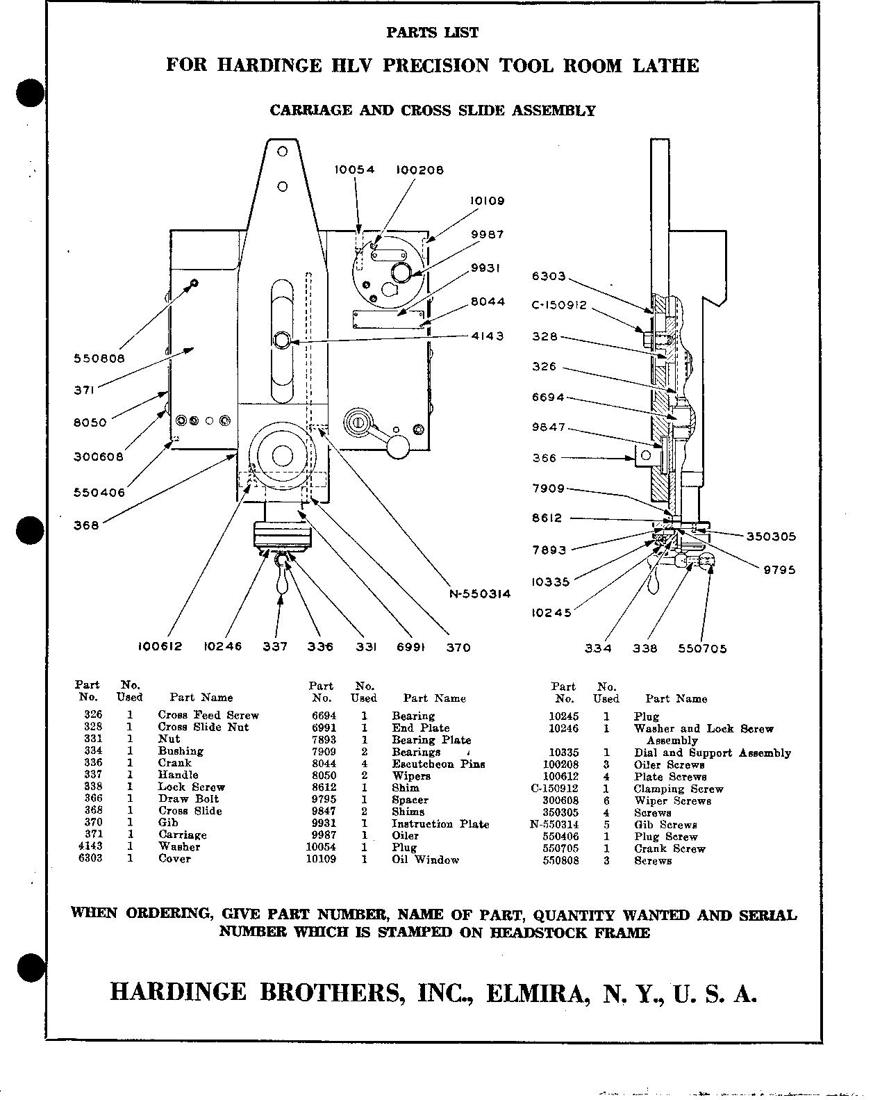Hardinge HLV Parts List