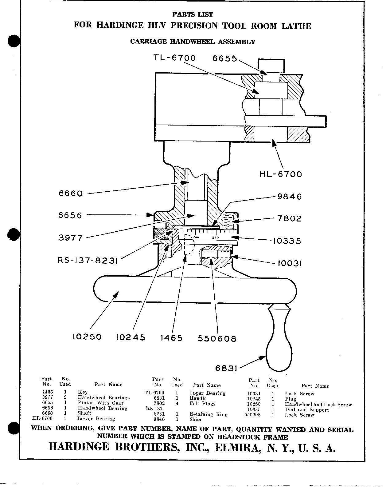 Hardinge HLV Parts List
