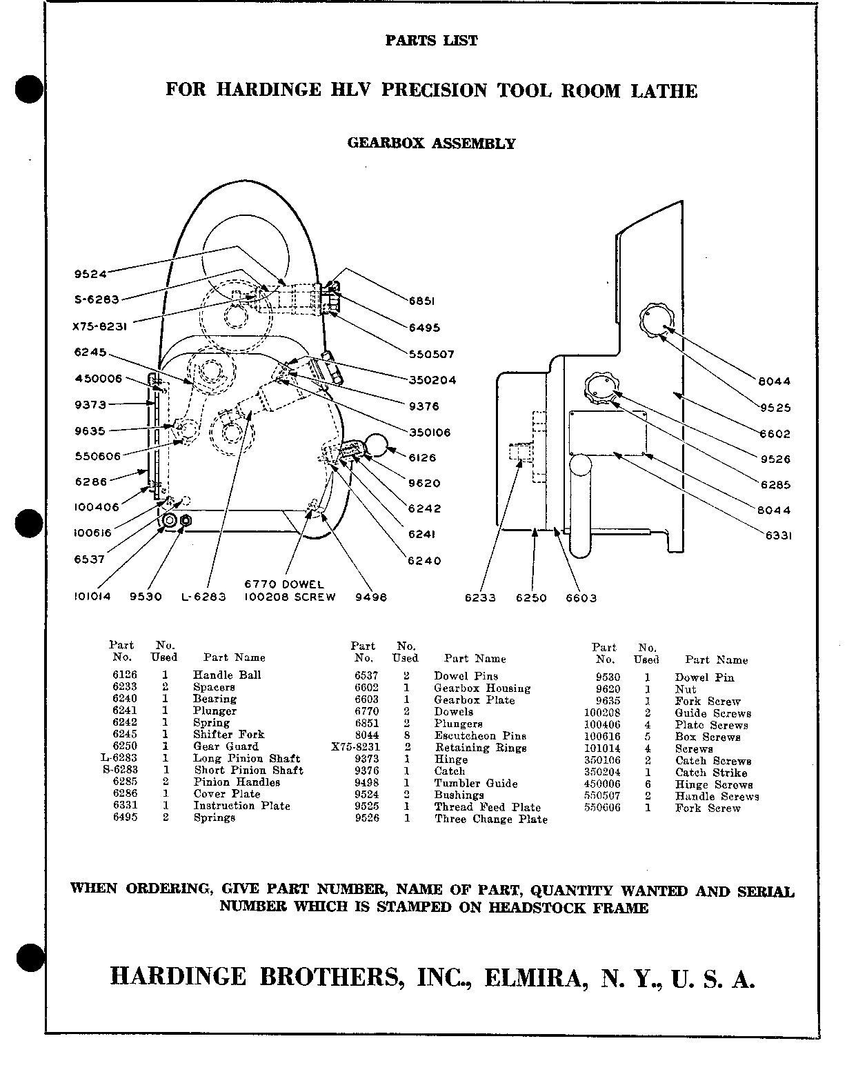 Hardinge HLV Parts List