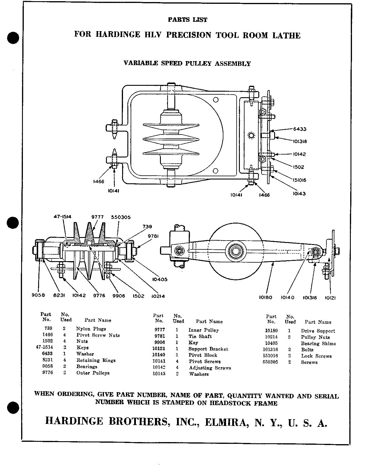 Hardinge HLV Parts List